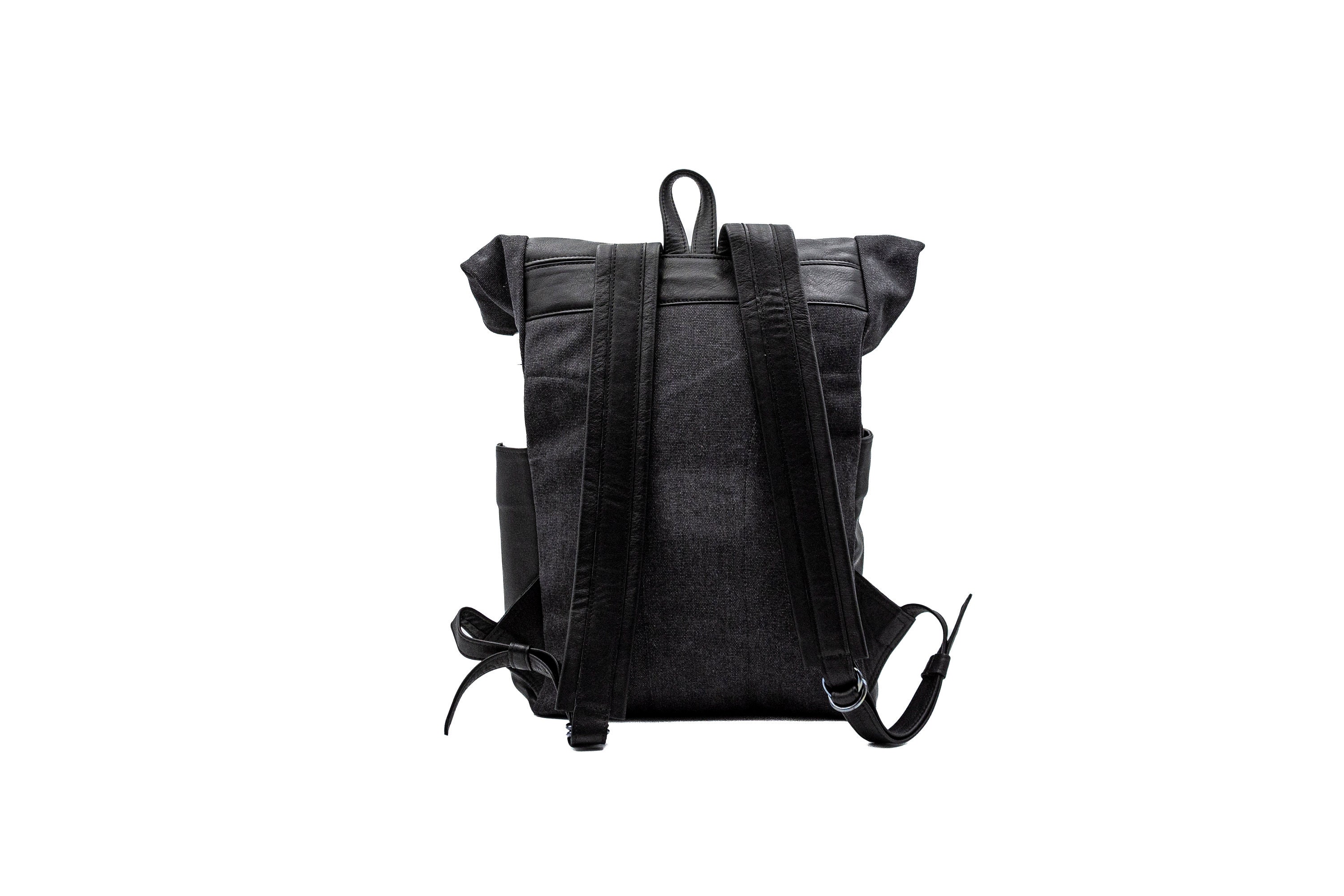 ATLAS Black Canvas and Black Leather Backpack, Roll Top Backpack ...