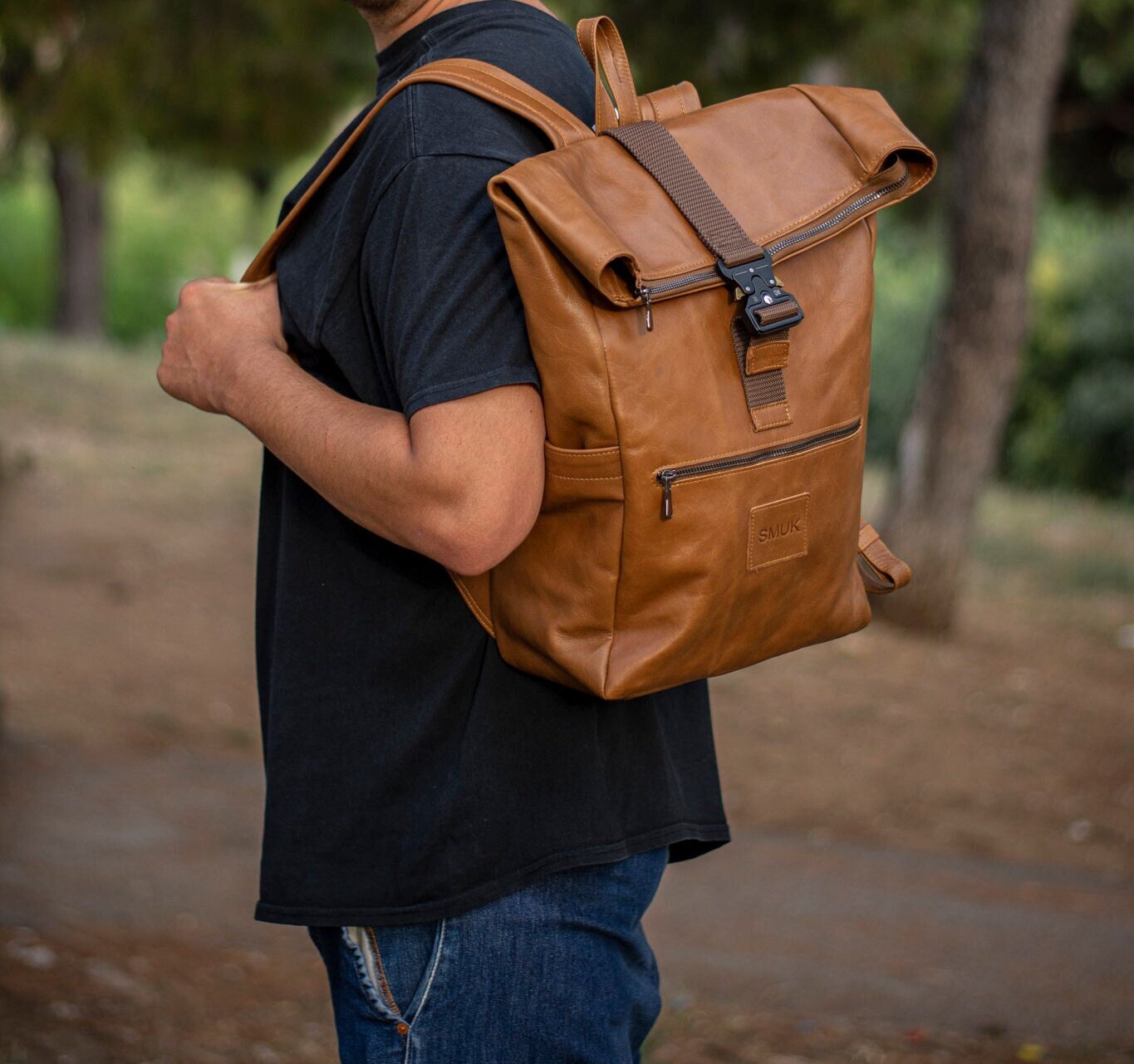 ATLAS Brown Leather Backpack, Roll Top Backpack, Aesthetic Large Travel ...