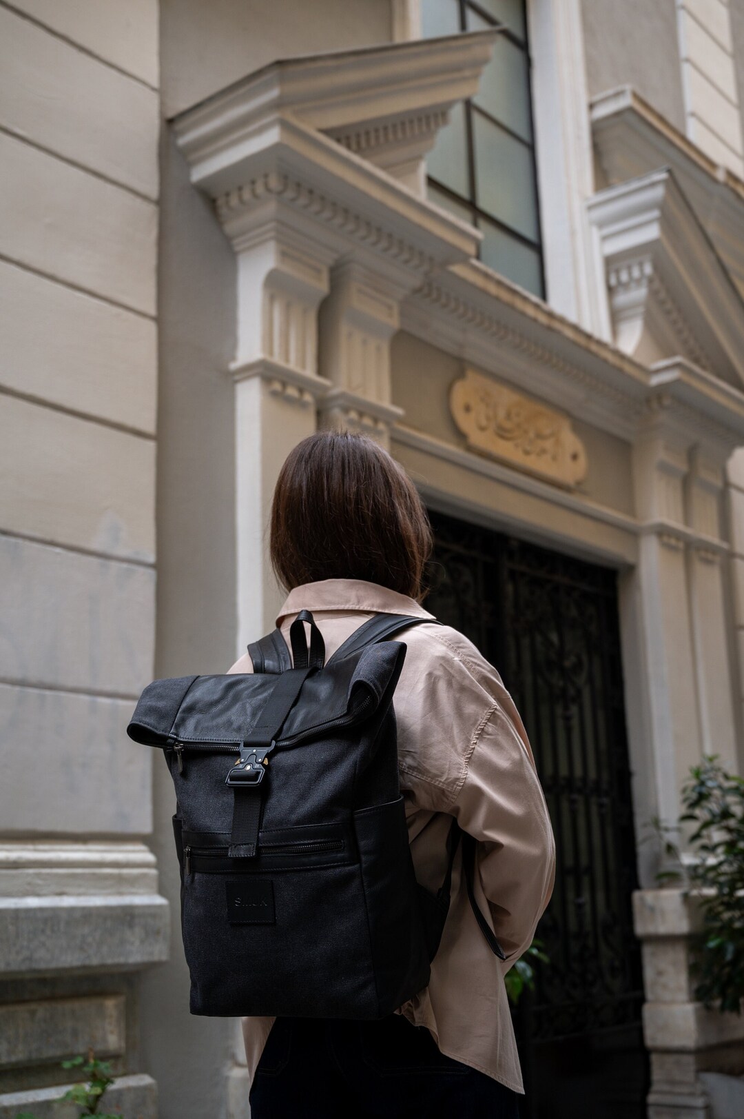 ATLAS Black Canvas and Black Leather Backpack, Roll Top Backpack ...