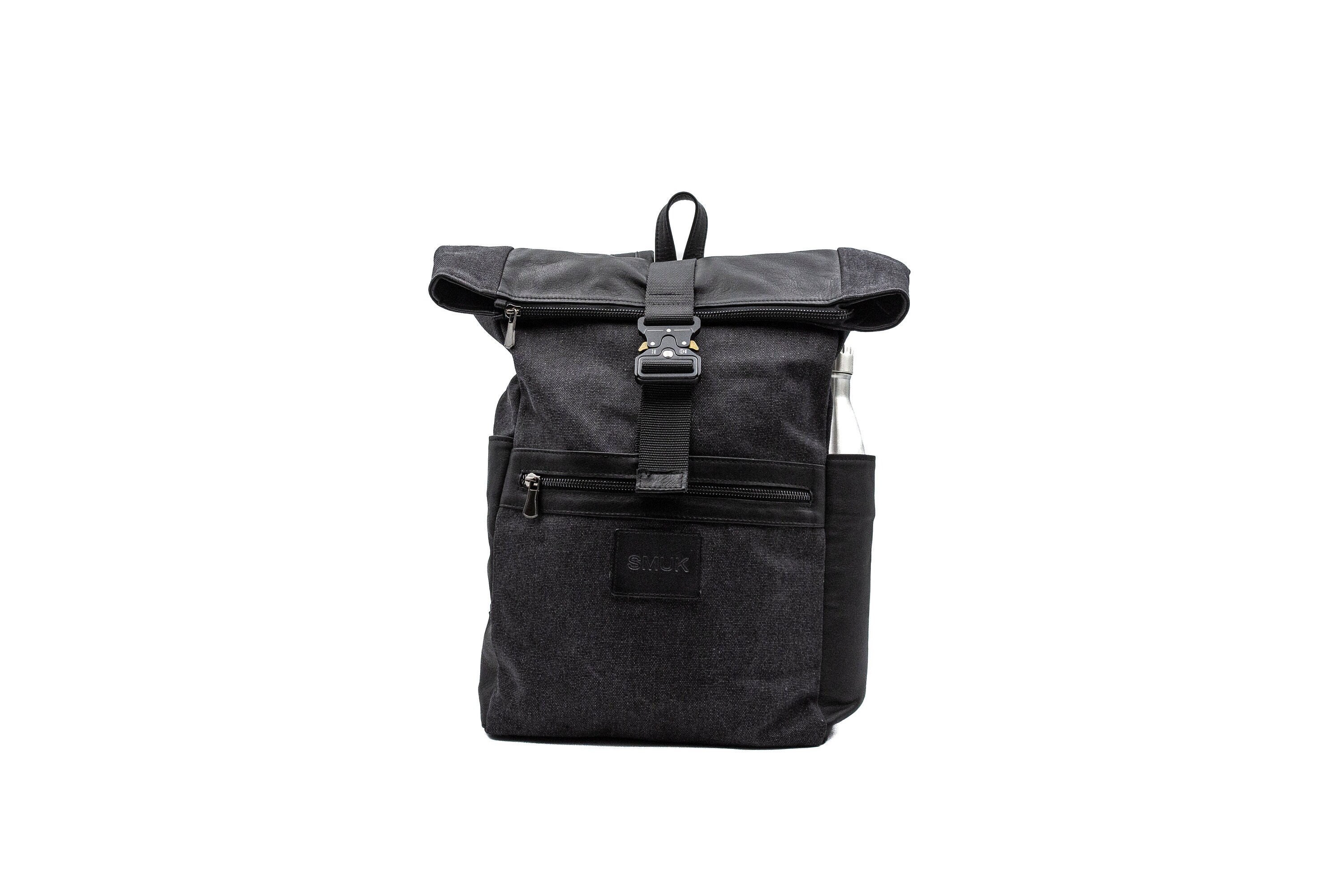 ATLAS Black Canvas and Black Leather Backpack, Roll Top Backpack ...
