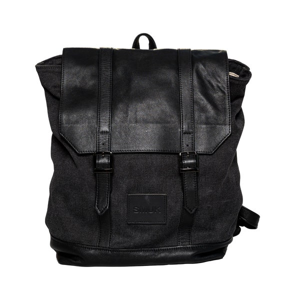ATLAS Black Canvas and Black Leather Backpack, Roll Top Backpack ...