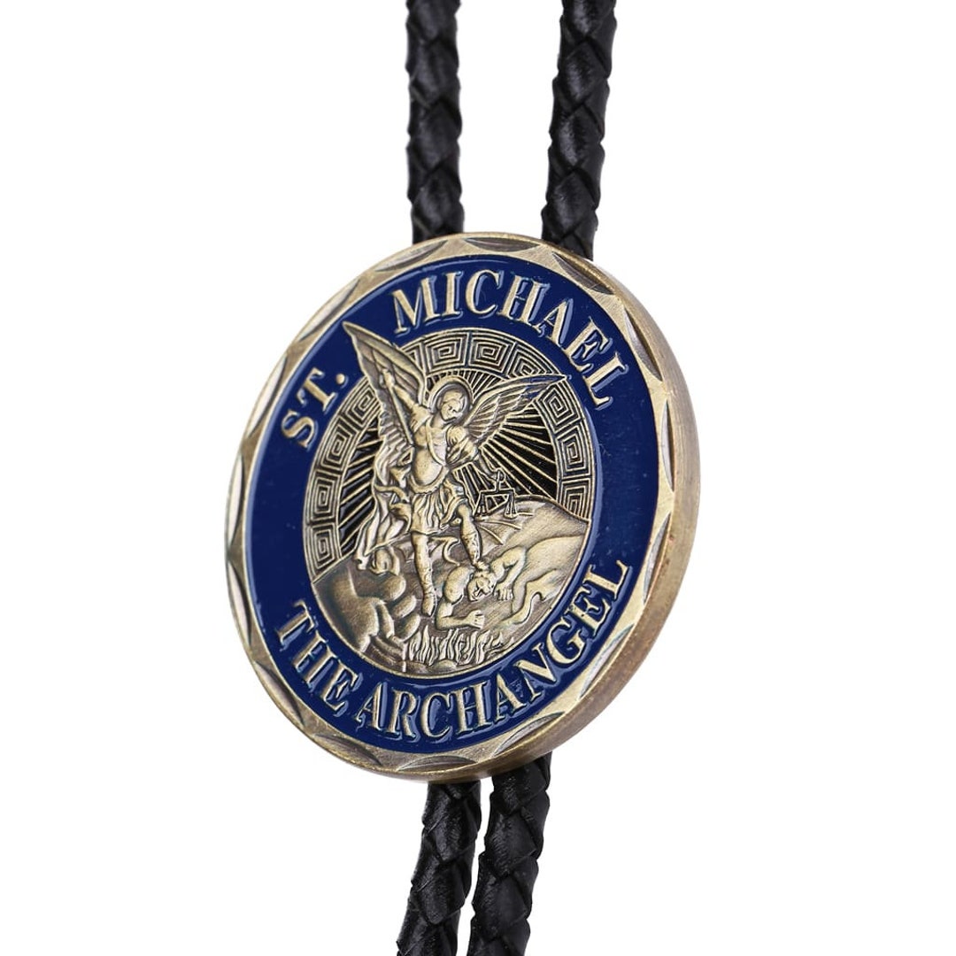 Blue & Bronze ST Michael the Archangel Leather Bootlace Bolo Tie ...