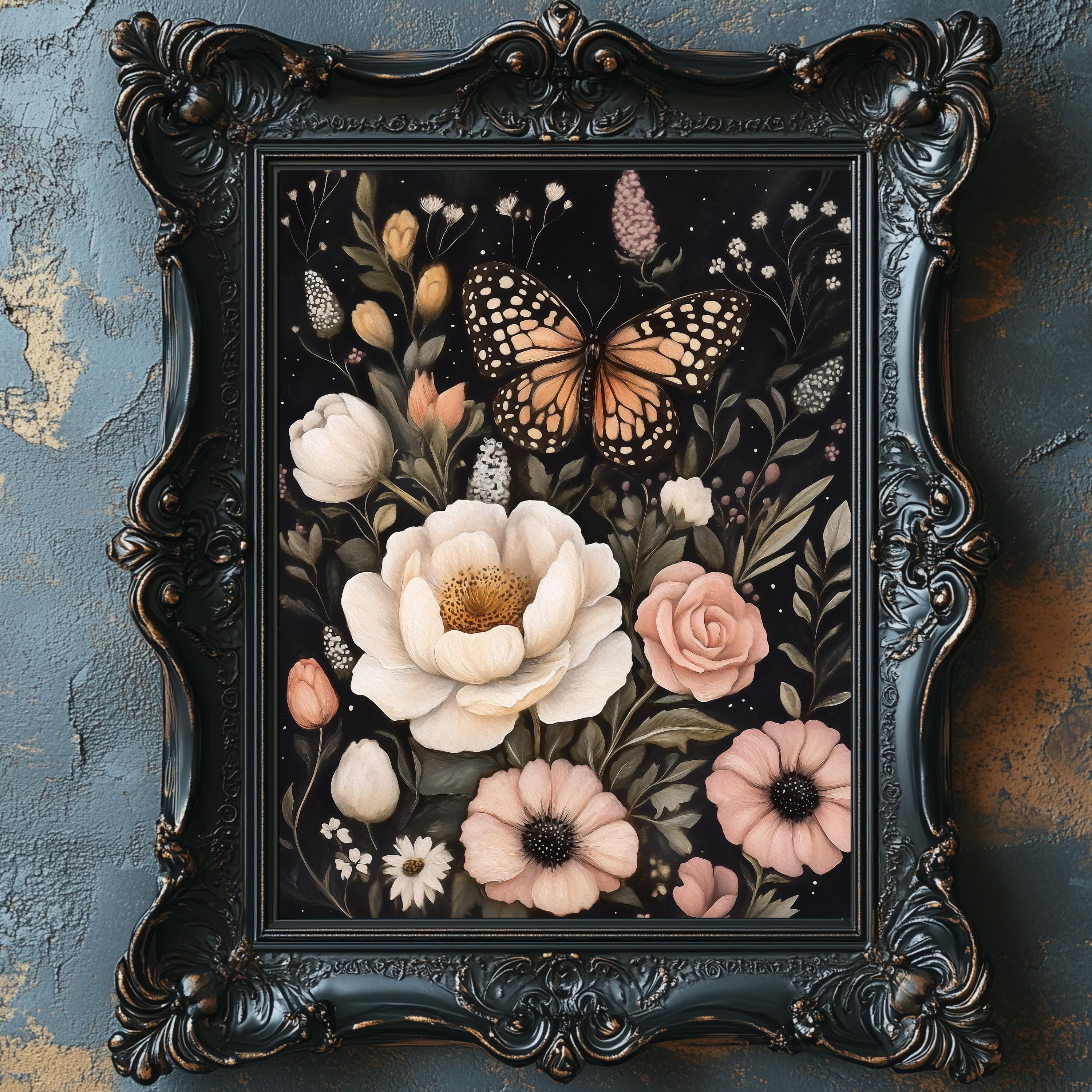 Botanical Cottagecore Print Monarch Butterfly Wall Art Wildflowers ...