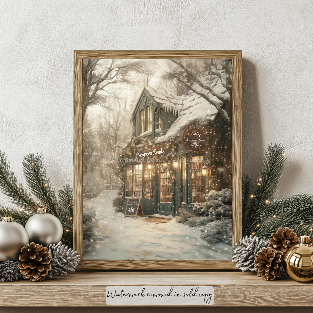 Cozy Winter Bookstore Cottagecore Decor Holiday Art Winter Snow Decor ...