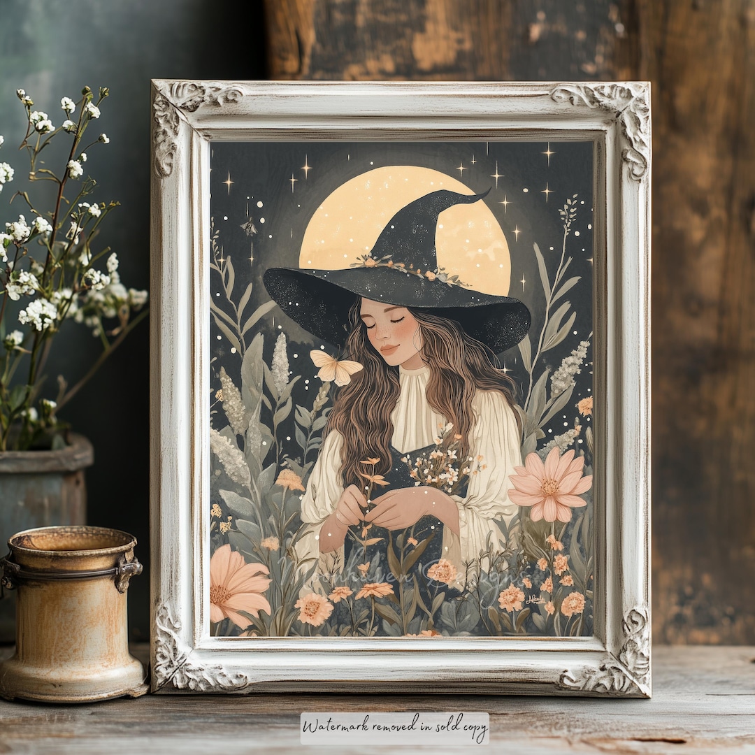 Cottagecore Witch Art Print | Moonlit Herbal Witch Decor | Mystical Nature Wall Art | Enchanted ...