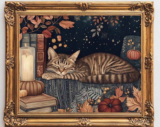 Cozy Cat Printable Art | Autumn Reading Nook Print | Cat Lovers Decor ...