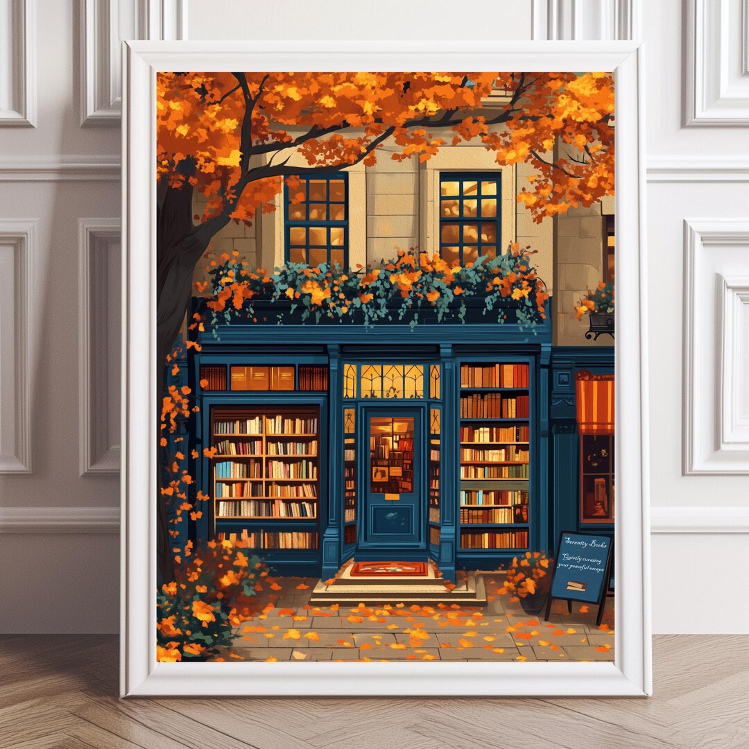 Autumn Bookshop Print | Cozy Bookish Wall Art | Fall Library Decor ...