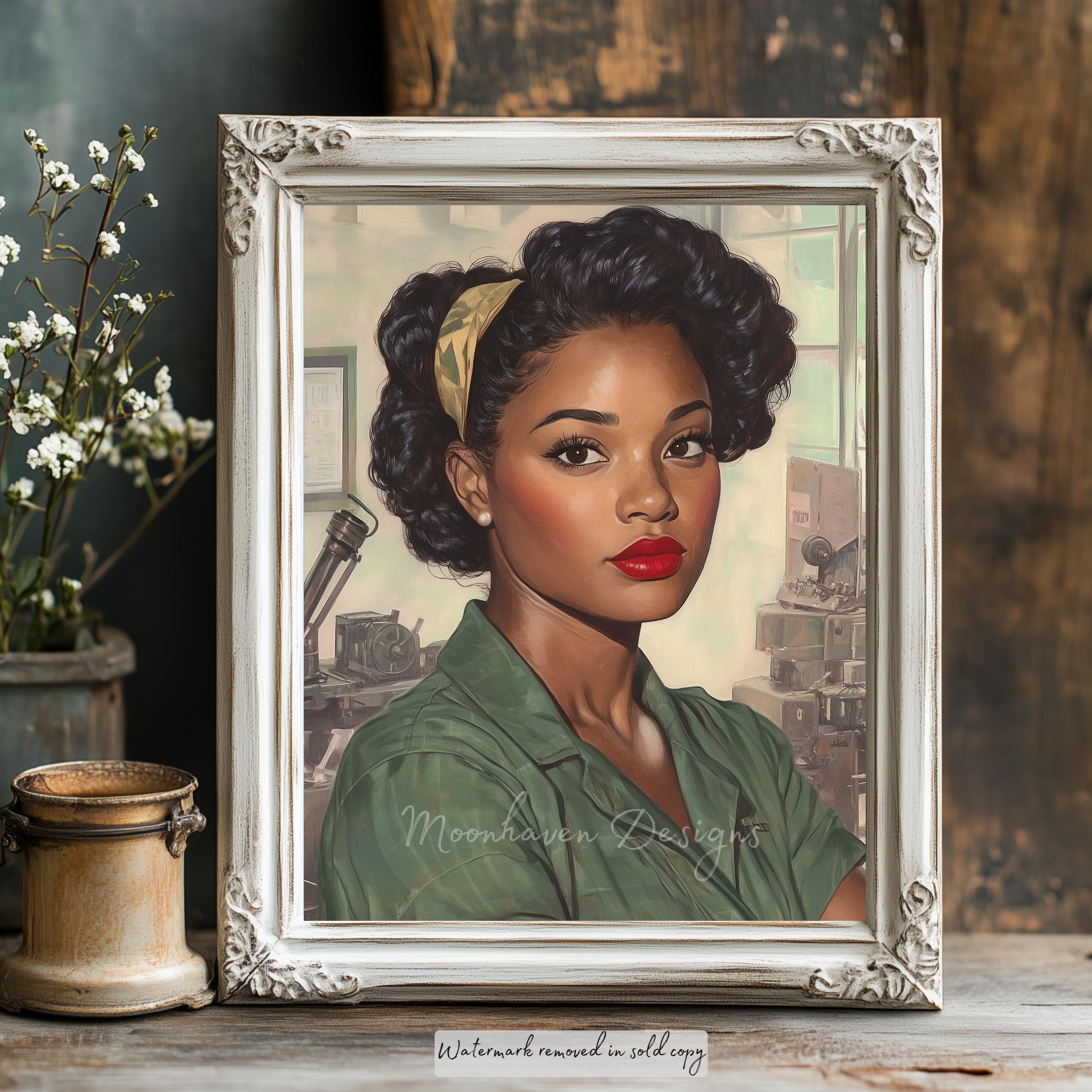 Black Rosie the Riveter Art | 1940s Vintage Wall Art | Vintage Red Lipstick Print | WWII Women’s ...