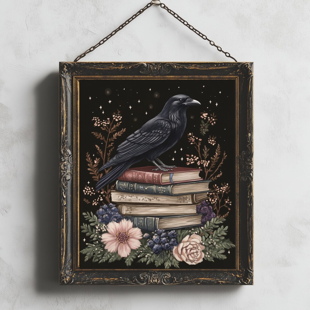 Bookish Raven Print Light Academia Wall Art Book Lovers Gift Whimsigoth ...
