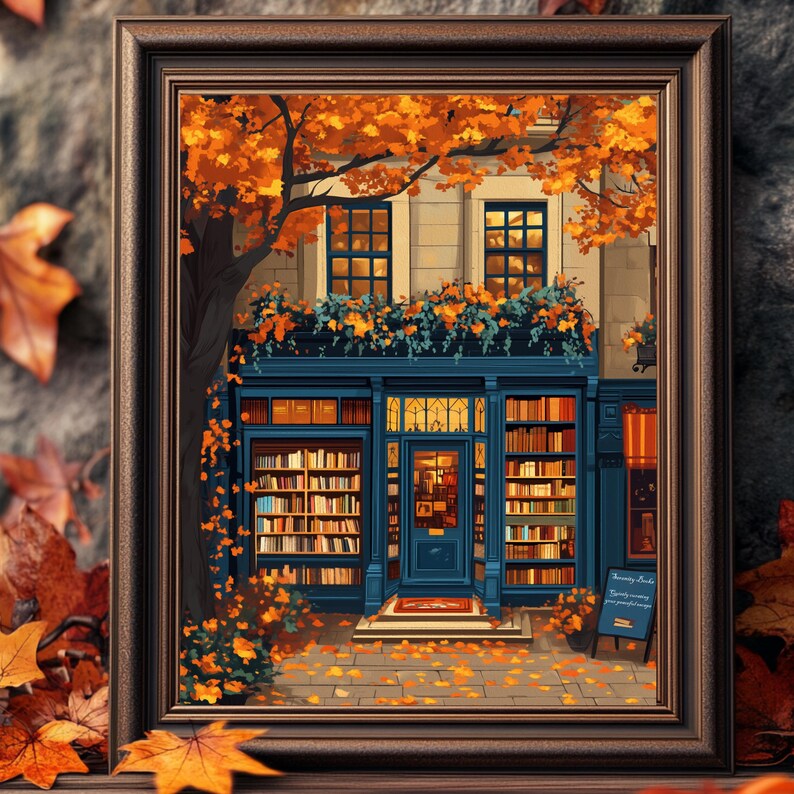 Autumn Bookshop Print | Cozy Bookish Wall Art | Fall Library Decor ...