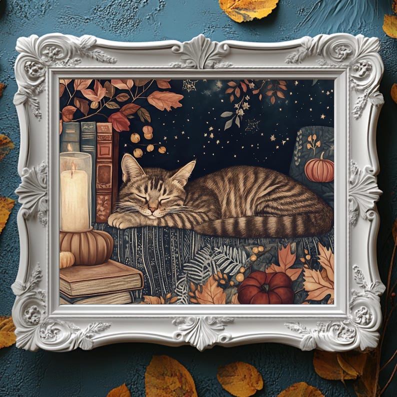 Cozy Cat Printable Art | Autumn Reading Nook Print | Cat Lovers Decor ...
