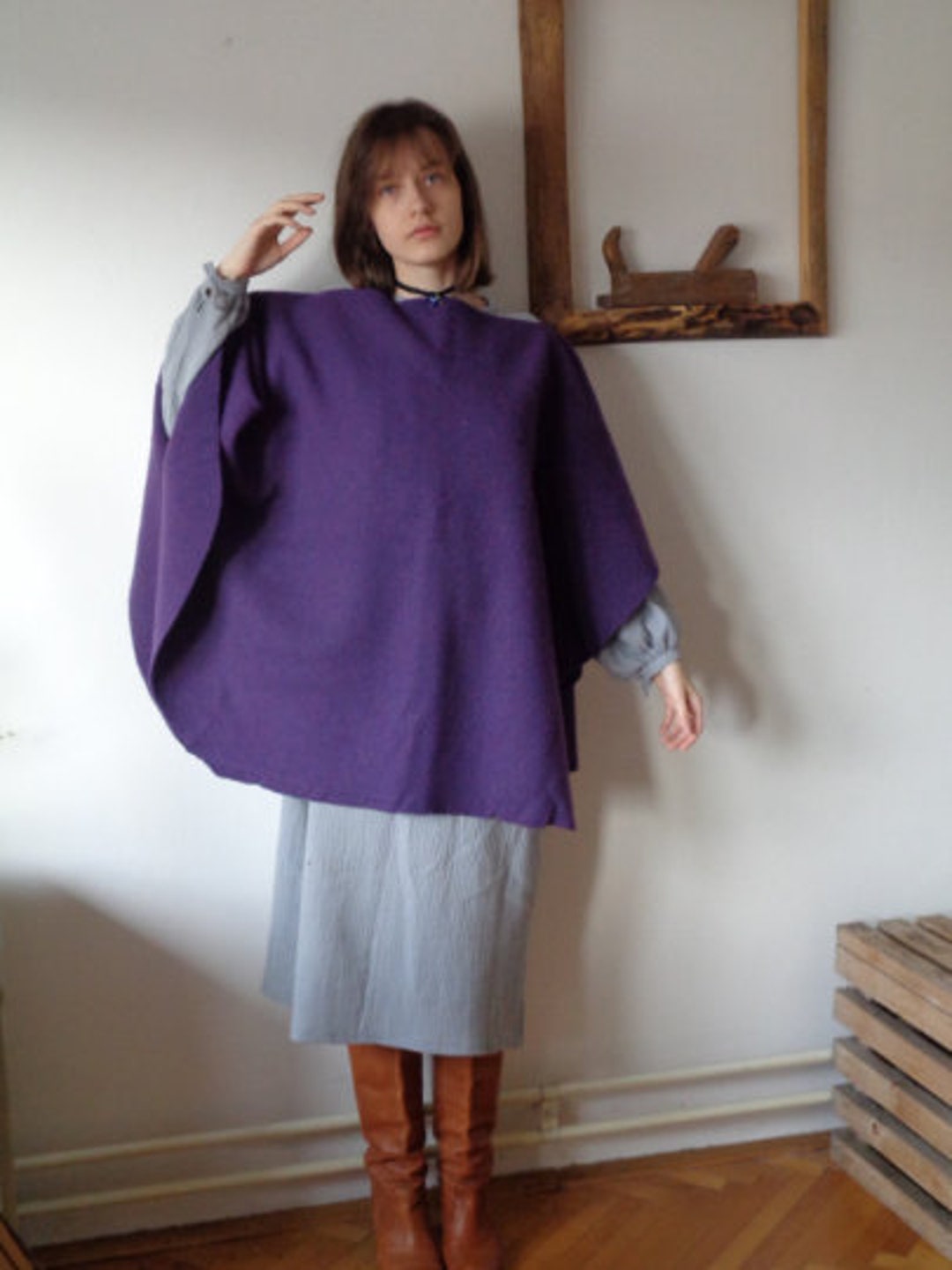 Organic Wool Felt Poncho, Throw // Pullover, Round, Aubergine, Ready to ...