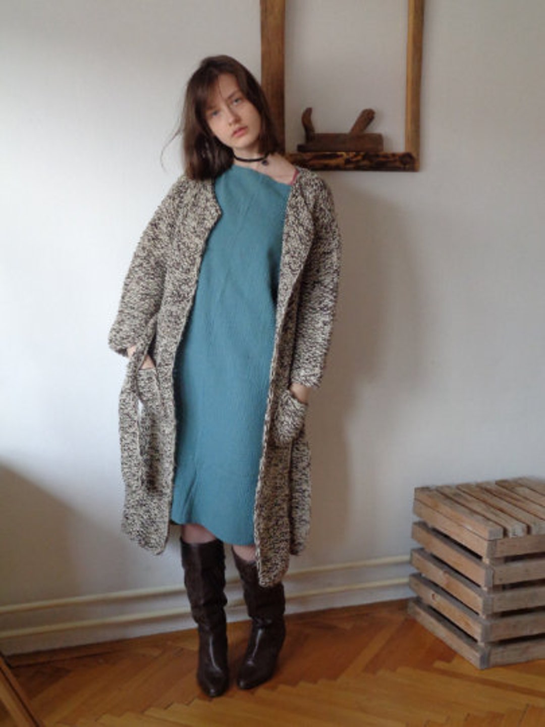Hand-knitted Wool Hemp Coat // Long Sleeves, With Belt and Pockets ...