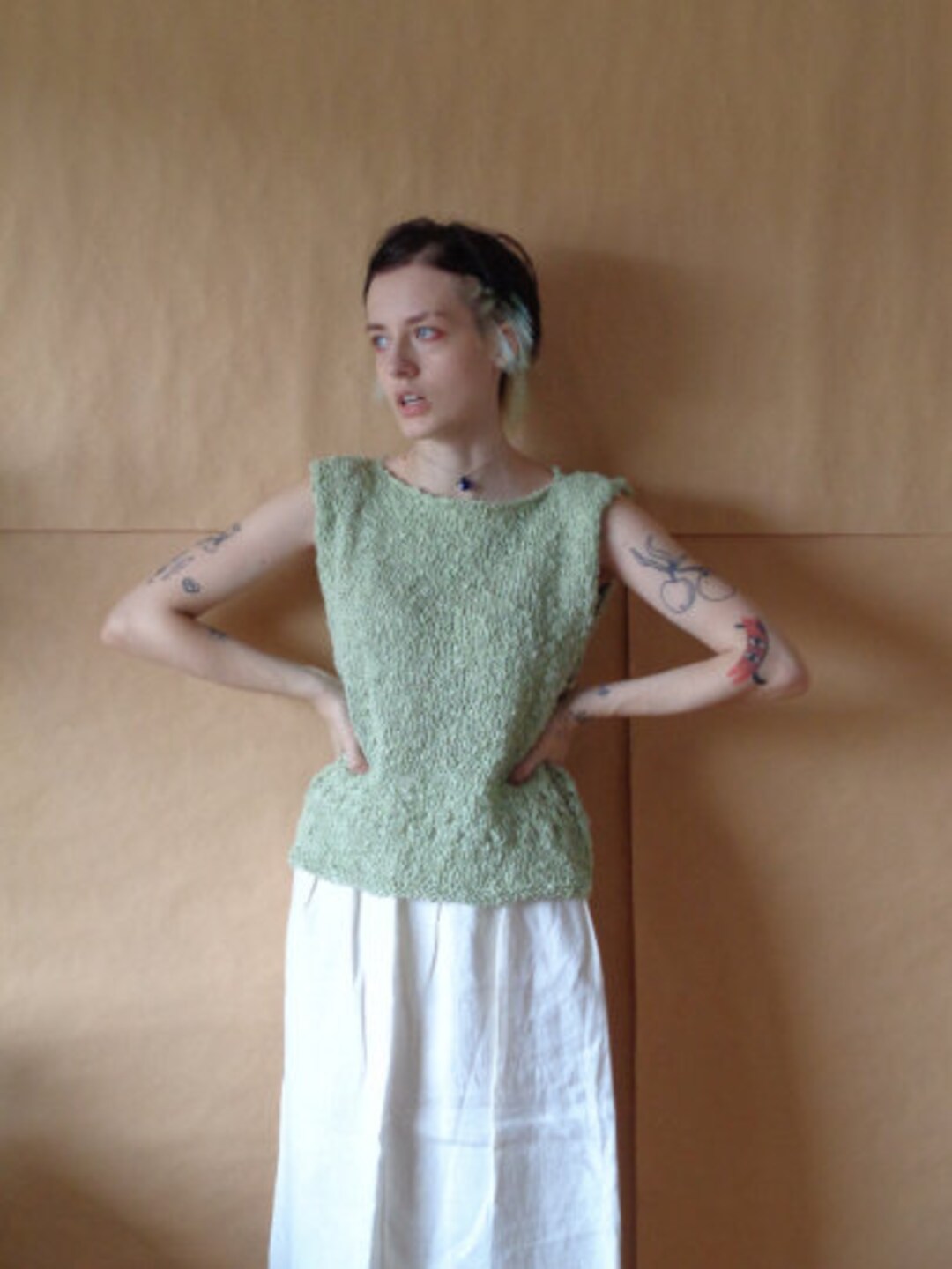 Soft Hand-knitted Top // Vintage Cotton Yarn, Sleeveless, Green, Ready ...