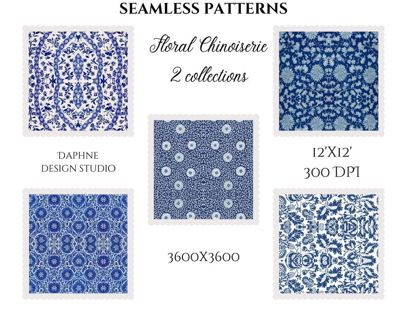 Blue Floral China Digital Paper Set, White and Blue Seamless Pattern ...
