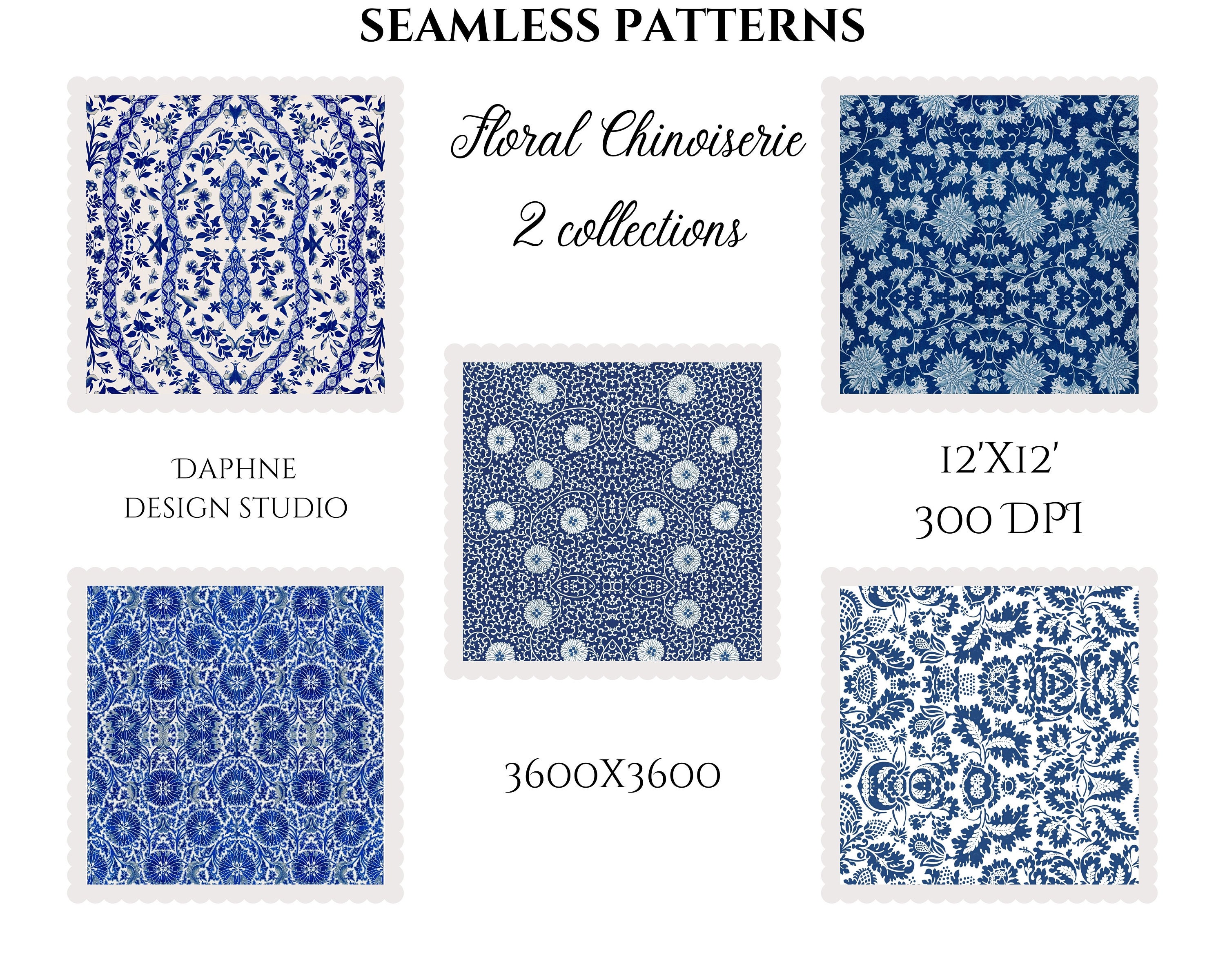 Blue Floral China Digital Paper Set, White and Blue Seamless Pattern ...