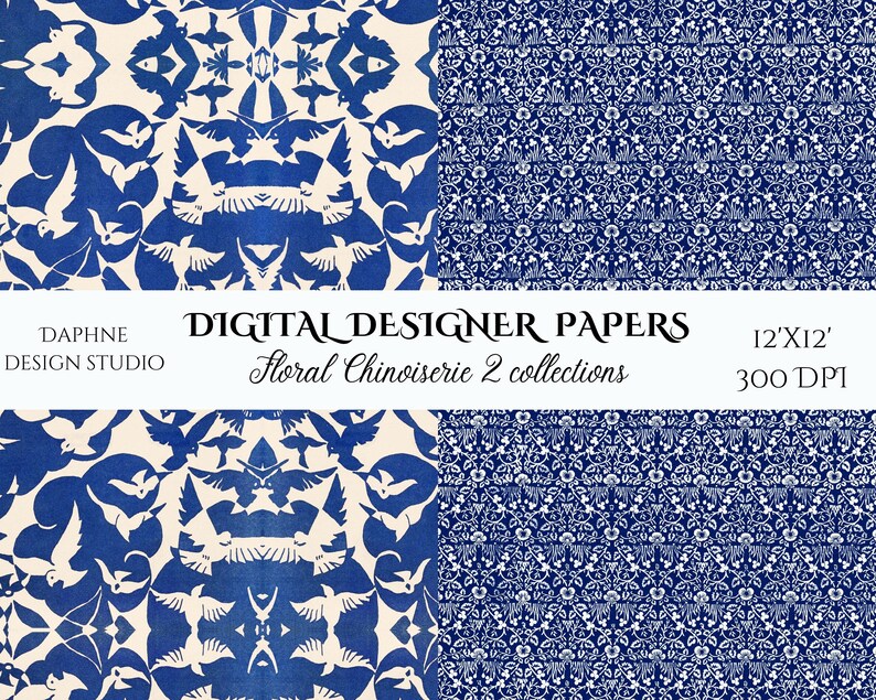 Blue Floral China Digital Paper Set, White and Blue Seamless Pattern ...