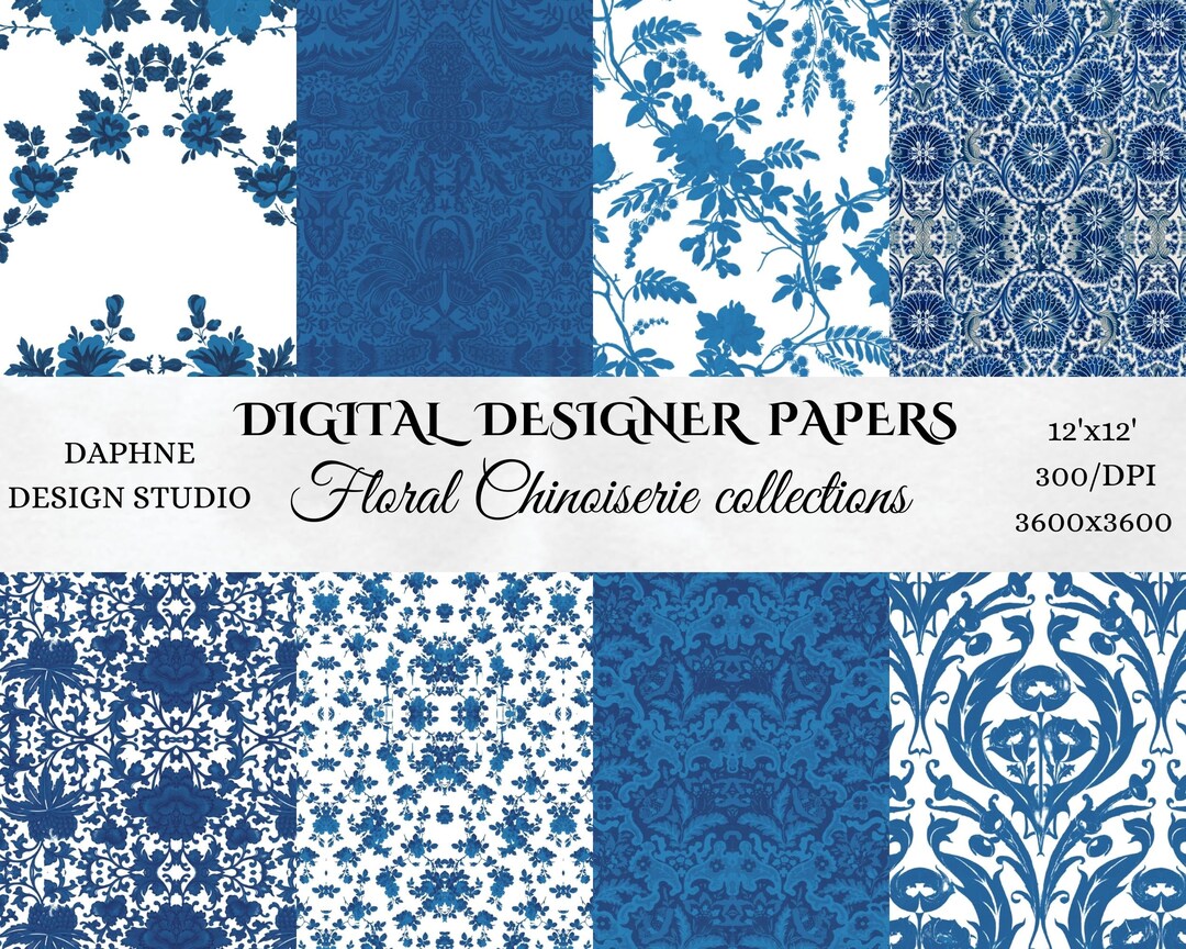 Floral Blue Chinoiserie Digital Papers, Chinese Blue Ceramic,seamless ...