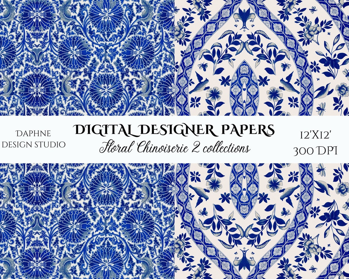 Blue Floral China Digital Paper Set, White and Blue Seamless Pattern ...