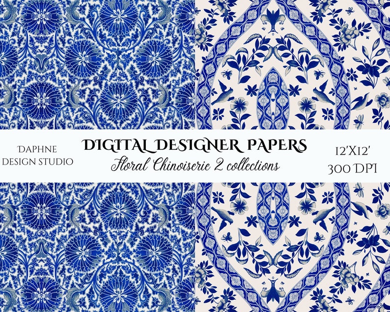Blue Floral China Digital Paper Set, White and Blue Seamless Pattern ...