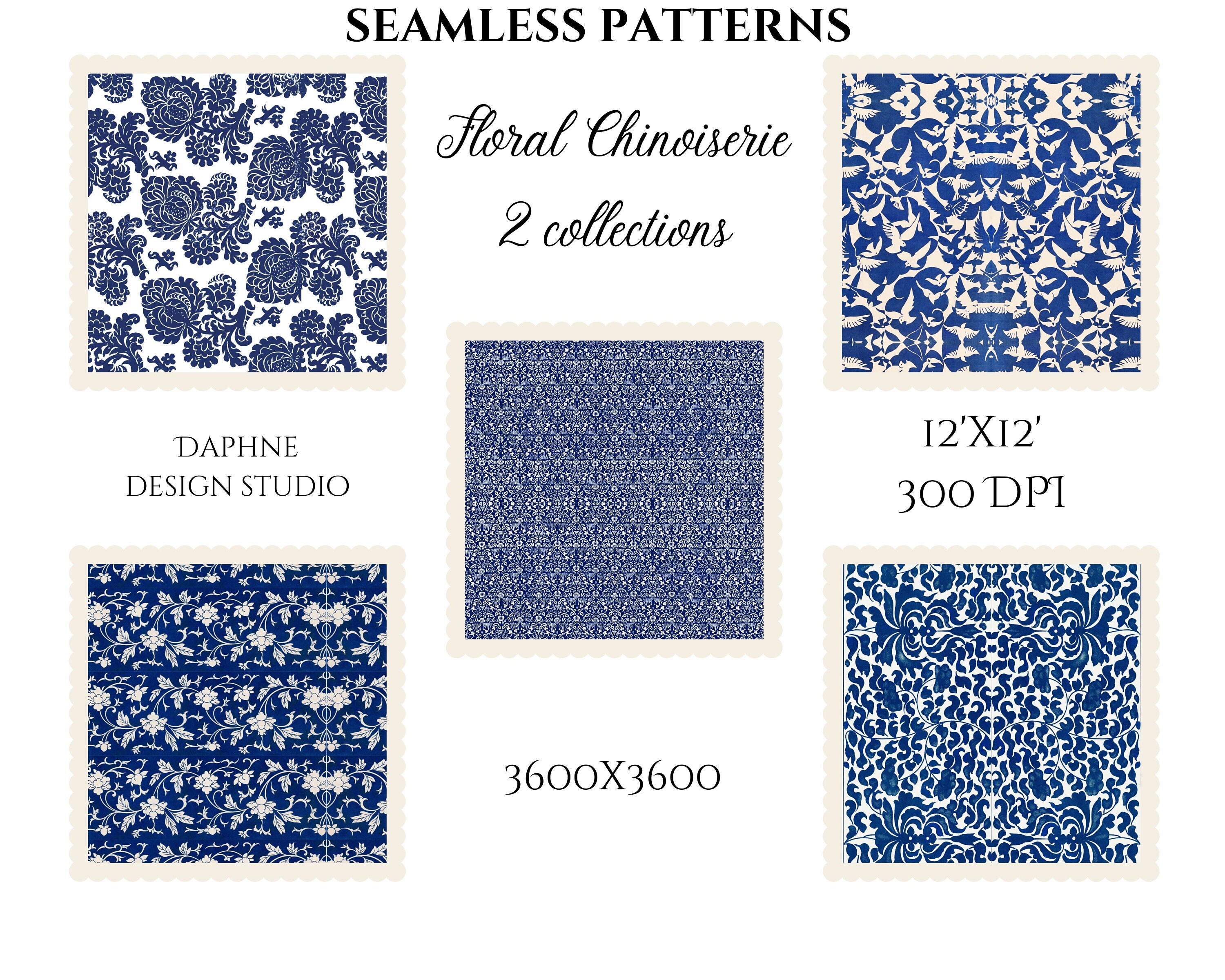 Blue Floral China Digital Paper Set, White and Blue Seamless Pattern ...