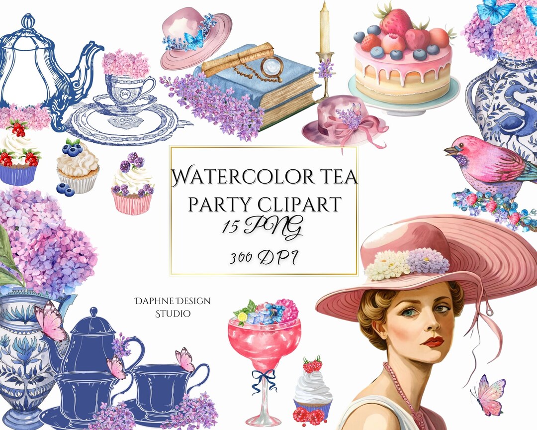Vintage Tea Party Clipart, Blue Pink Tea Time Png, Watercolor Victorian ...