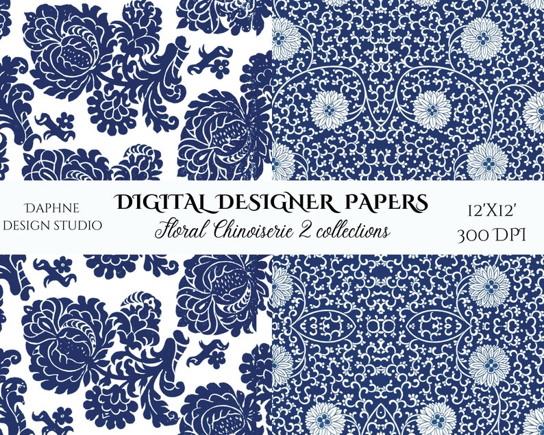 Blue Floral China Digital Paper Set, White and Blue Seamless Pattern ...
