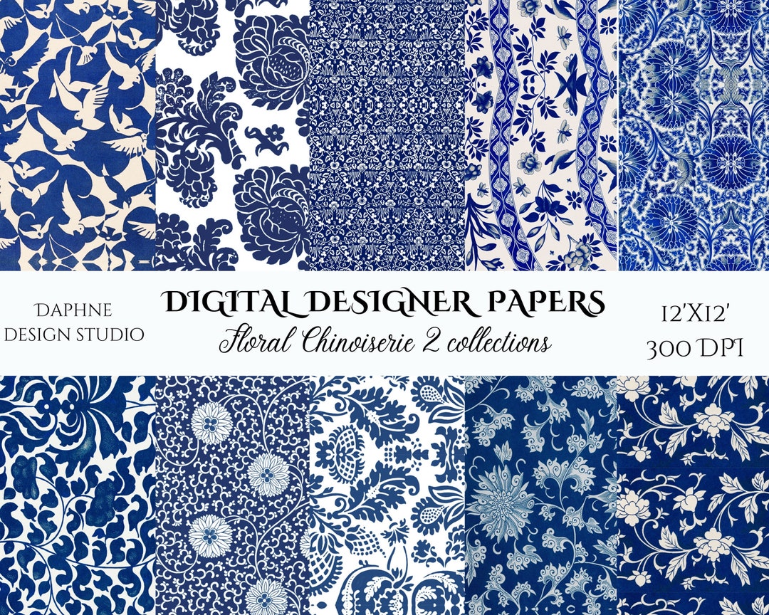 Blue Floral China Digital Paper Set, White and Blue Seamless Pattern ...