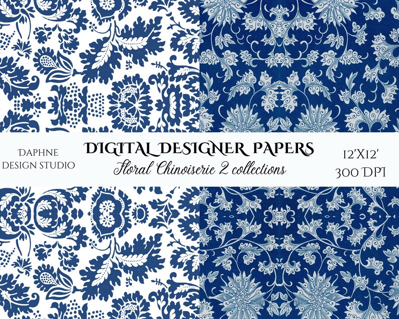 Blue Floral China Digital Paper Set, White and Blue Seamless Pattern ...