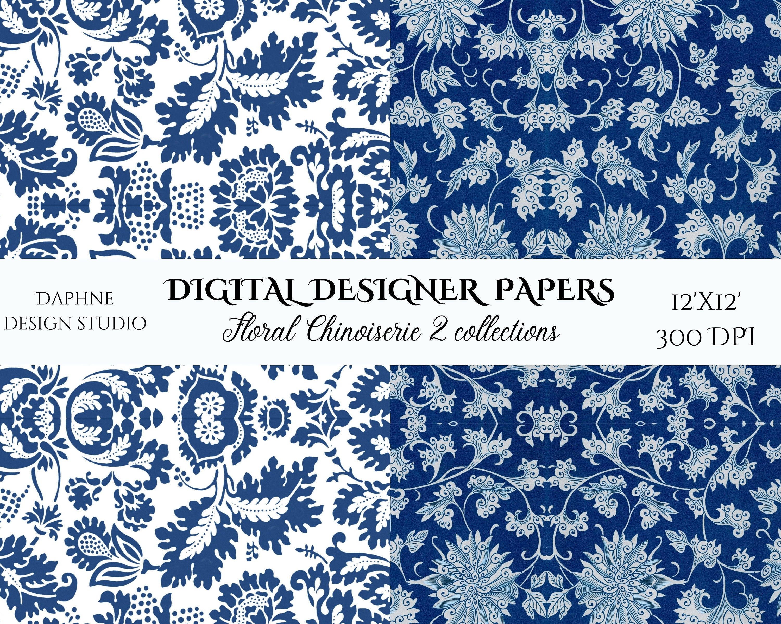 Blue Floral China Digital Paper Set, White and Blue Seamless Pattern ...