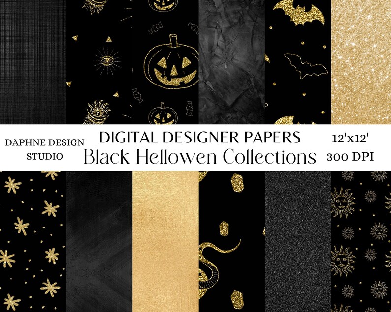 Black and Gold Halloween Seamless Pattern, Halloween Backgrounds, Witch ...