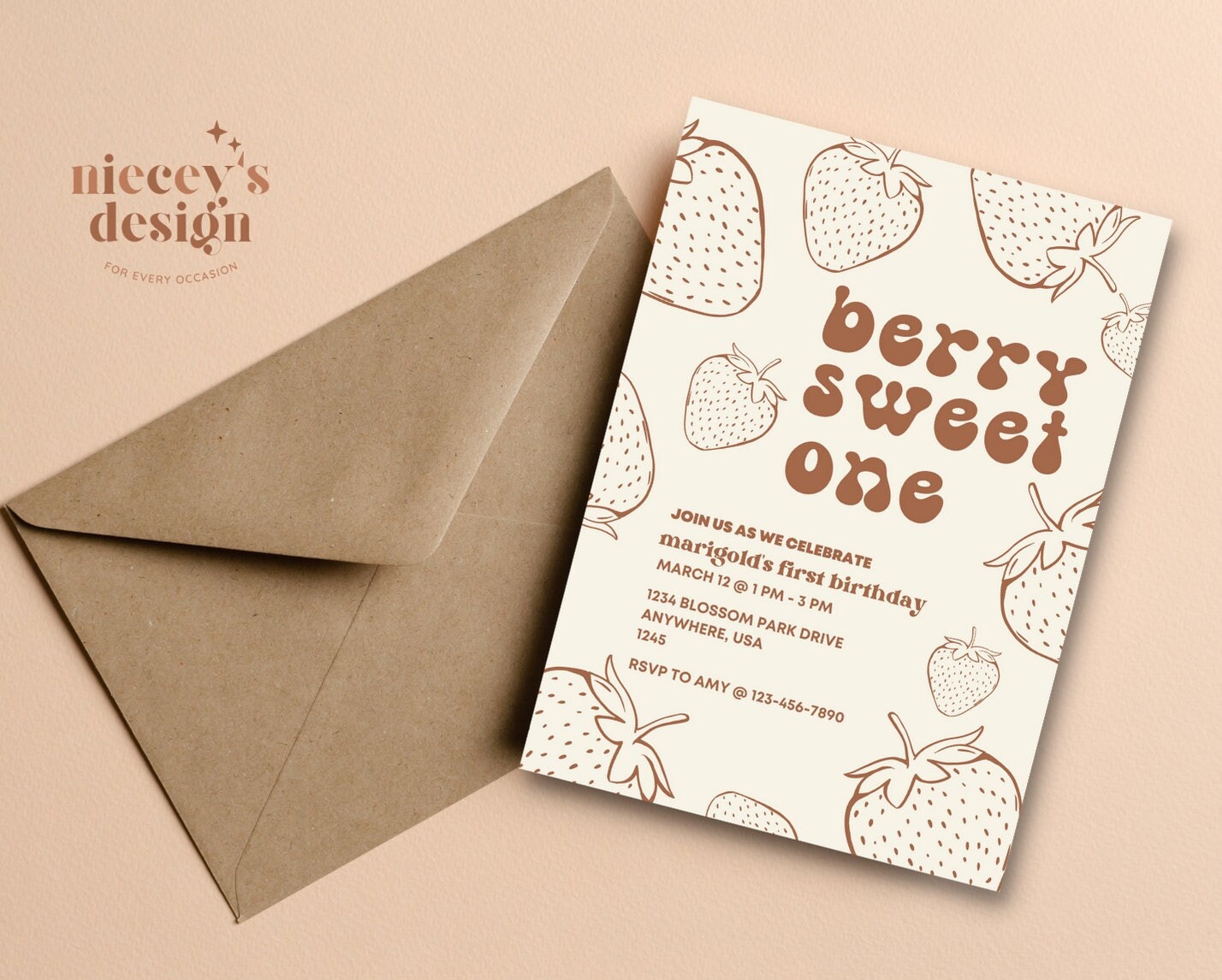 Berry Sweet One Kids Birthday Invitation | Minimalist Cute Kids First ...