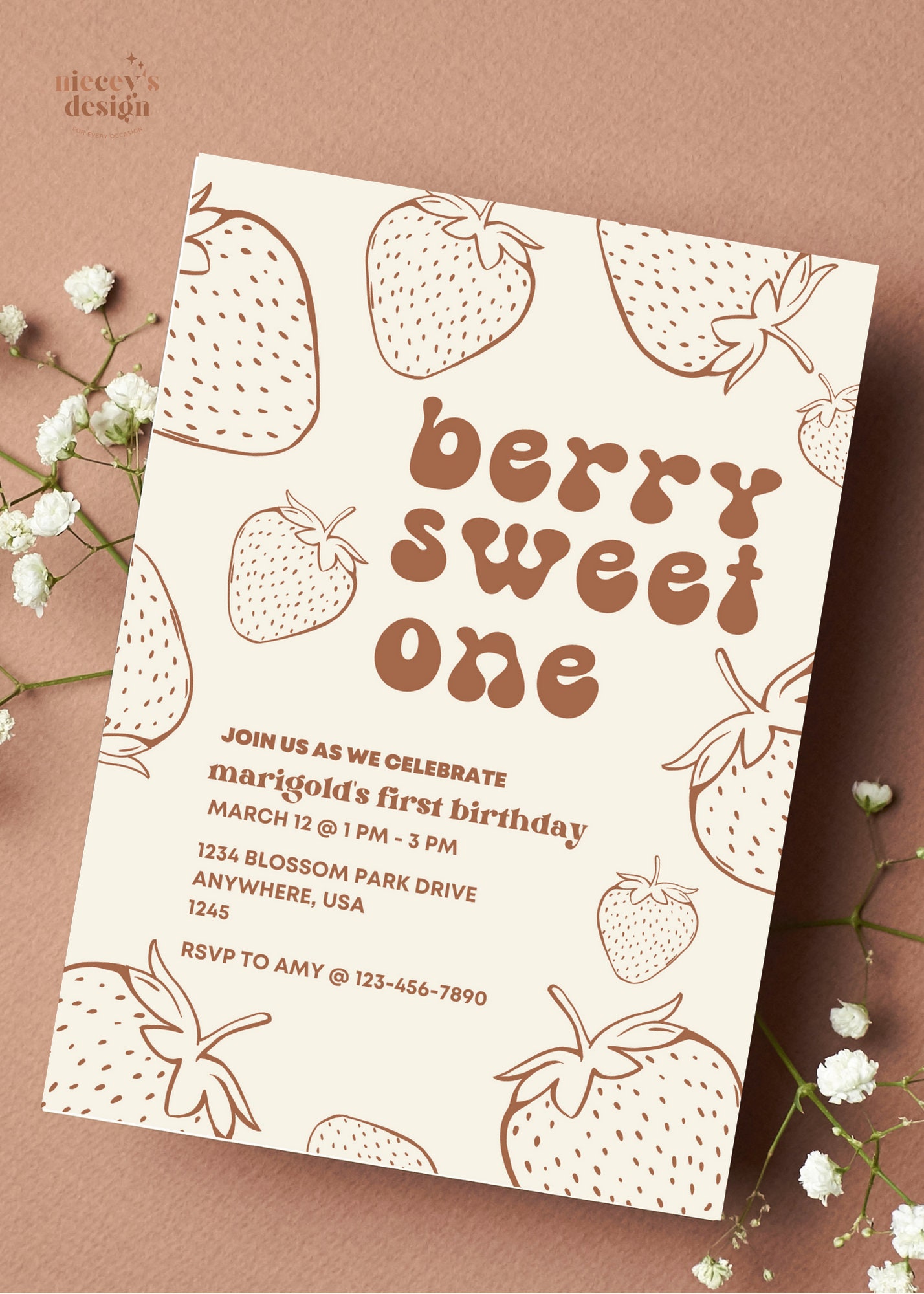 Berry Sweet One Kids Birthday Invitation | Minimalist Cute Kids First ...