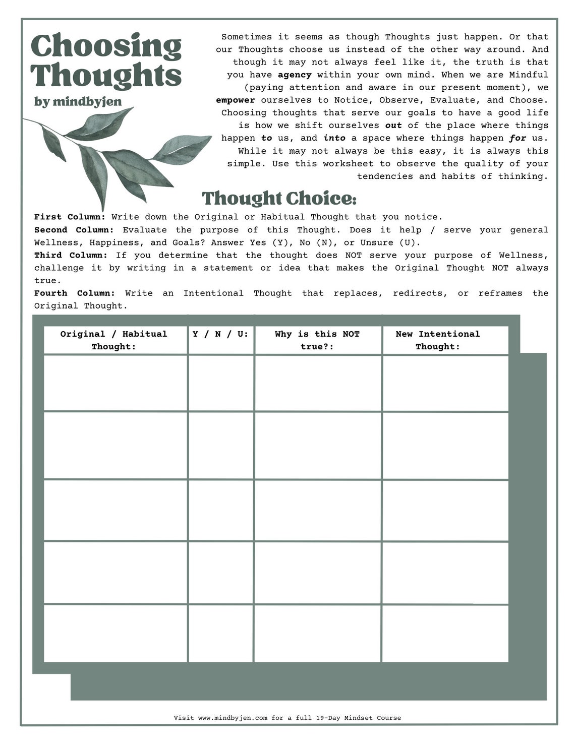 Choosing Thoughts Worksheet - Etsy