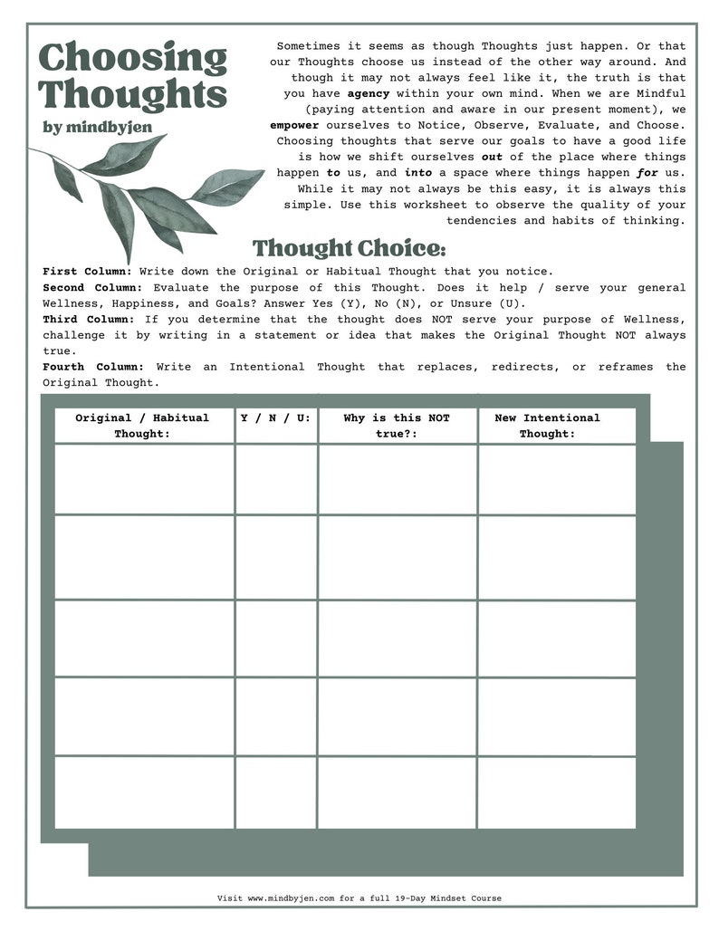 Choosing Thoughts Worksheet - Etsy