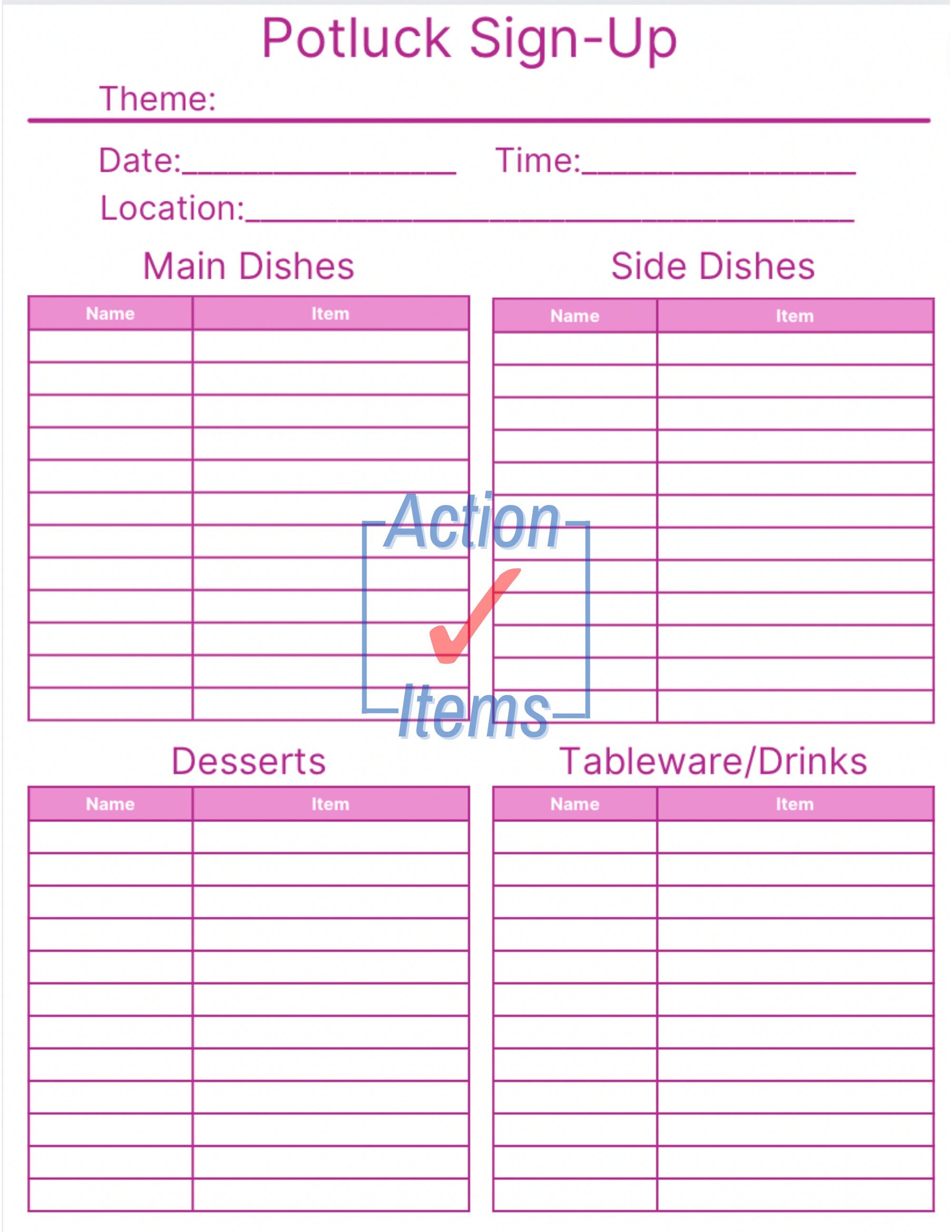 Printable Potluck Sign up Sheet Pink Theme - Etsy