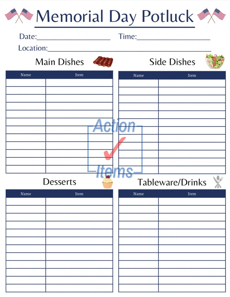 Memorial Day Potluck Planner - Etsy