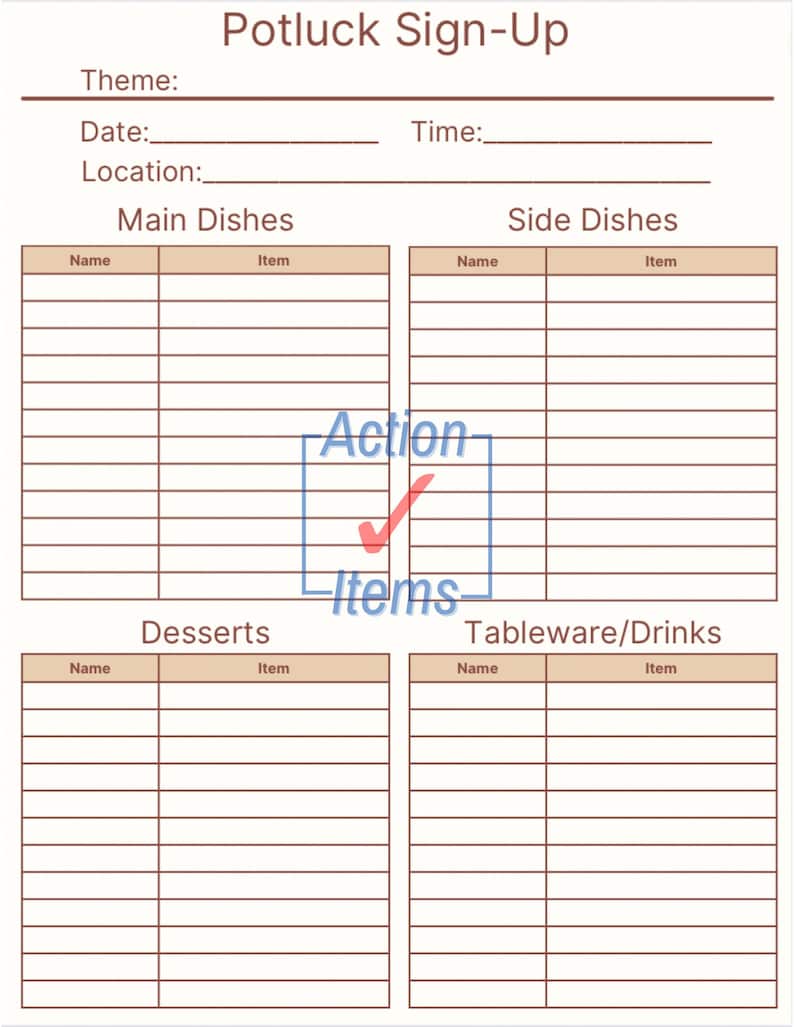 Printable Potluck Sign up Sheet Beige Theme - Etsy