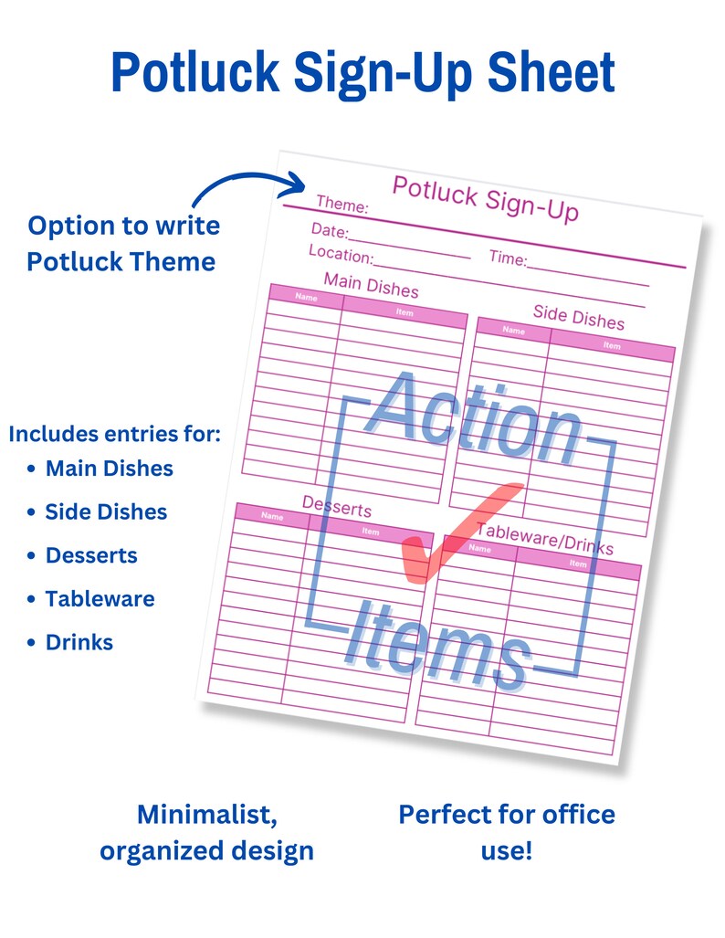 Printable Potluck Sign up Sheet Pink Theme - Etsy