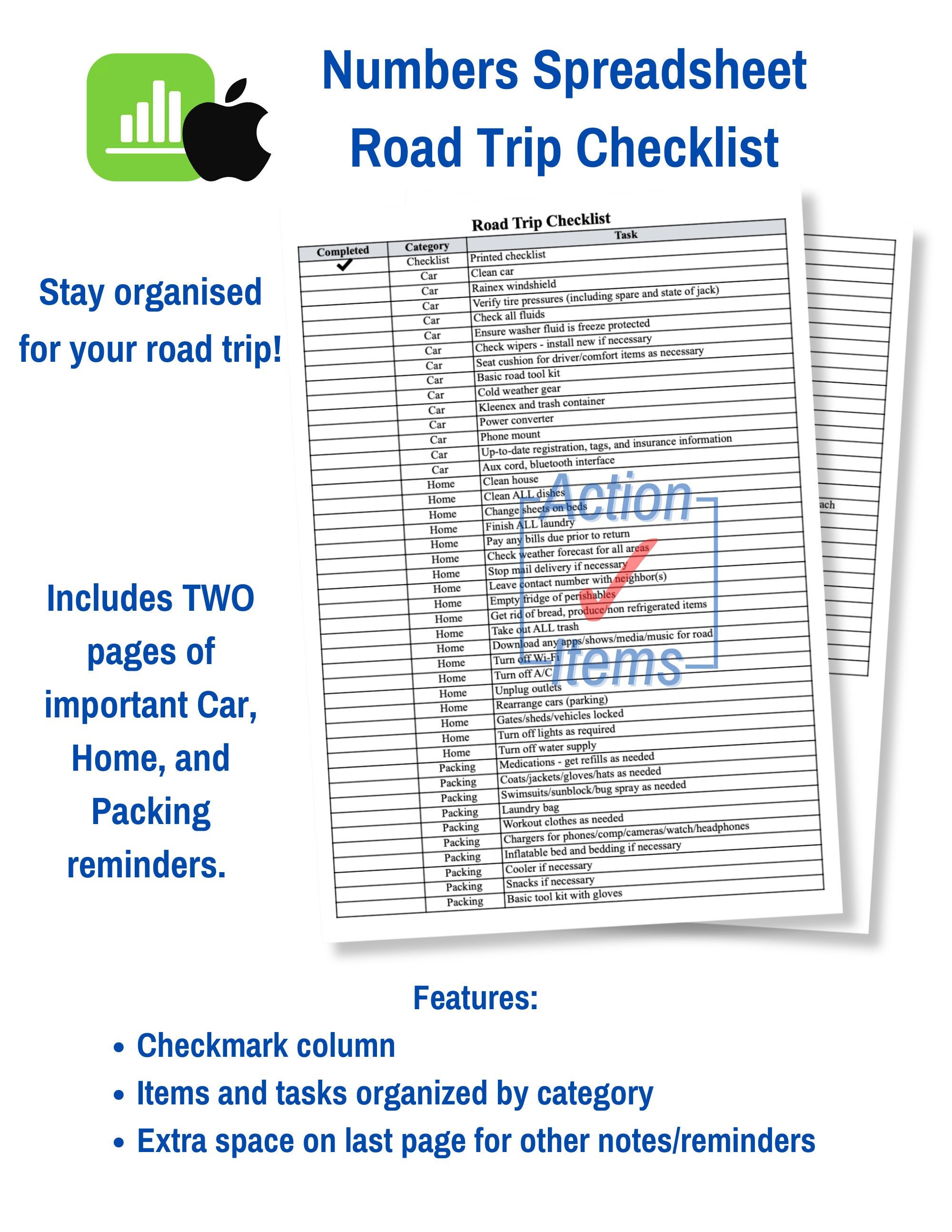 Road Trip Checklist Numbers Spreadsheet Template - Etsy