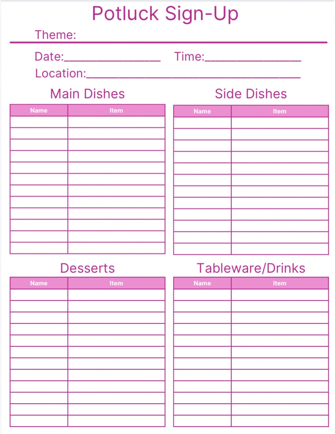 Printable Potluck Sign up Sheet Pink Theme - Etsy