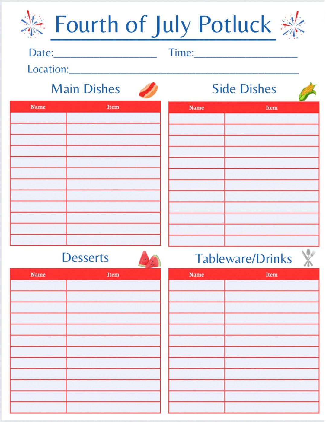 Fourth of July Party Potluck Planner - Etsy