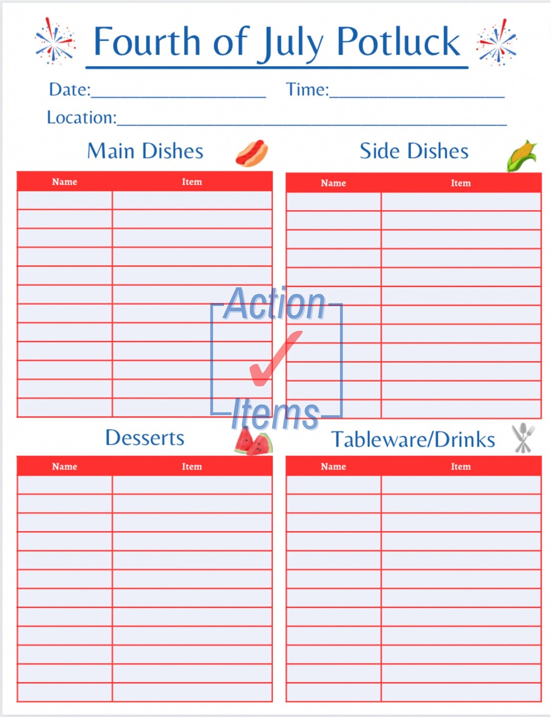 Fourth of July Party Potluck Planner - Etsy