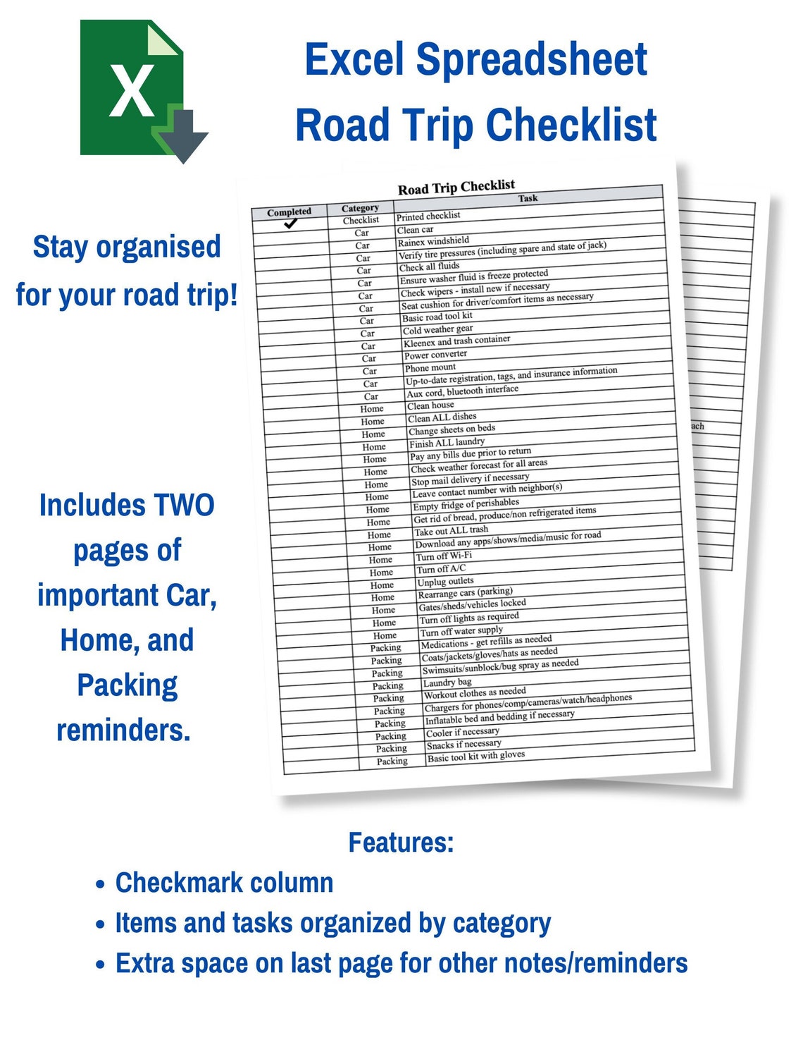 Road Trip Checklist Excel Spreadsheet Template - Etsy