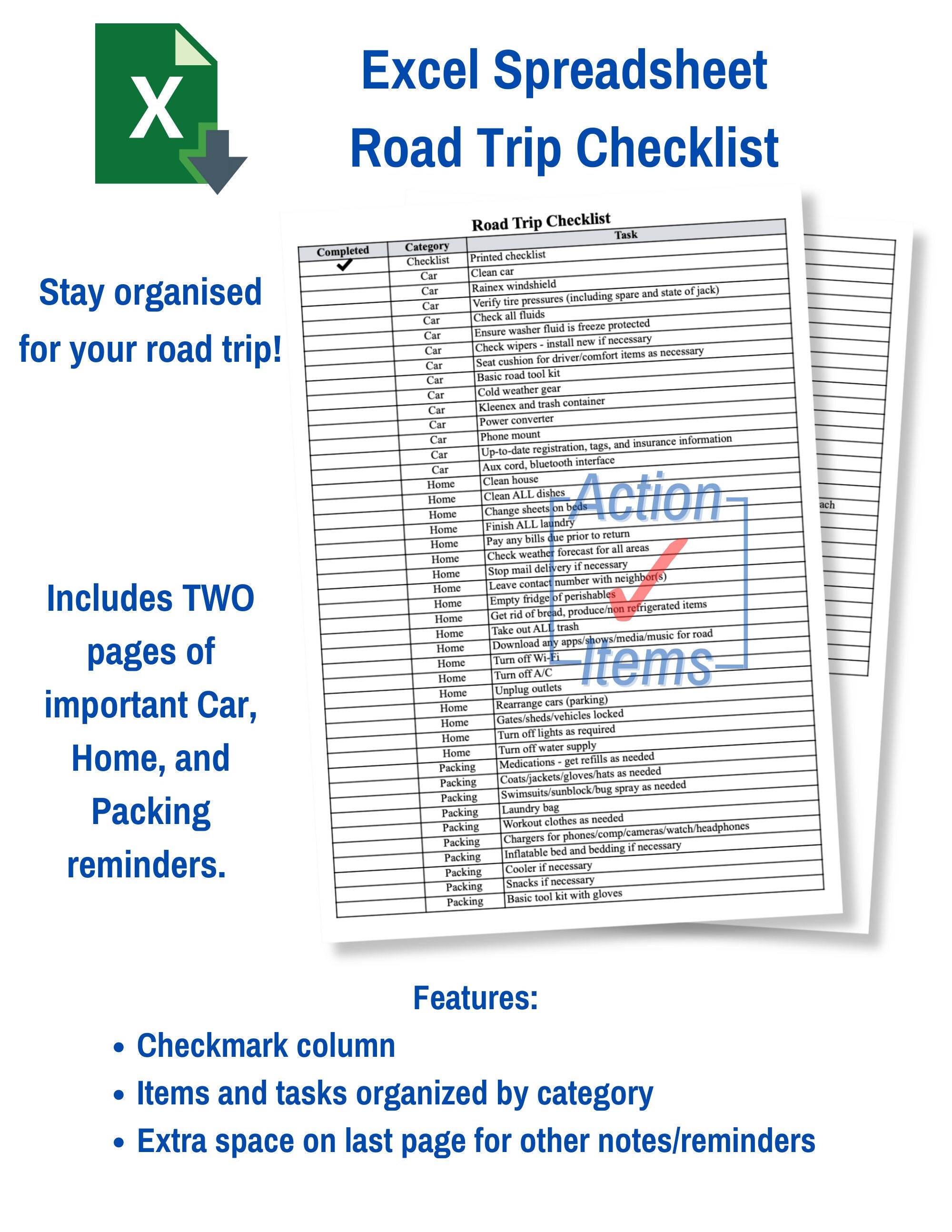 Road Trip Checklist Excel Spreadsheet Template - Etsy