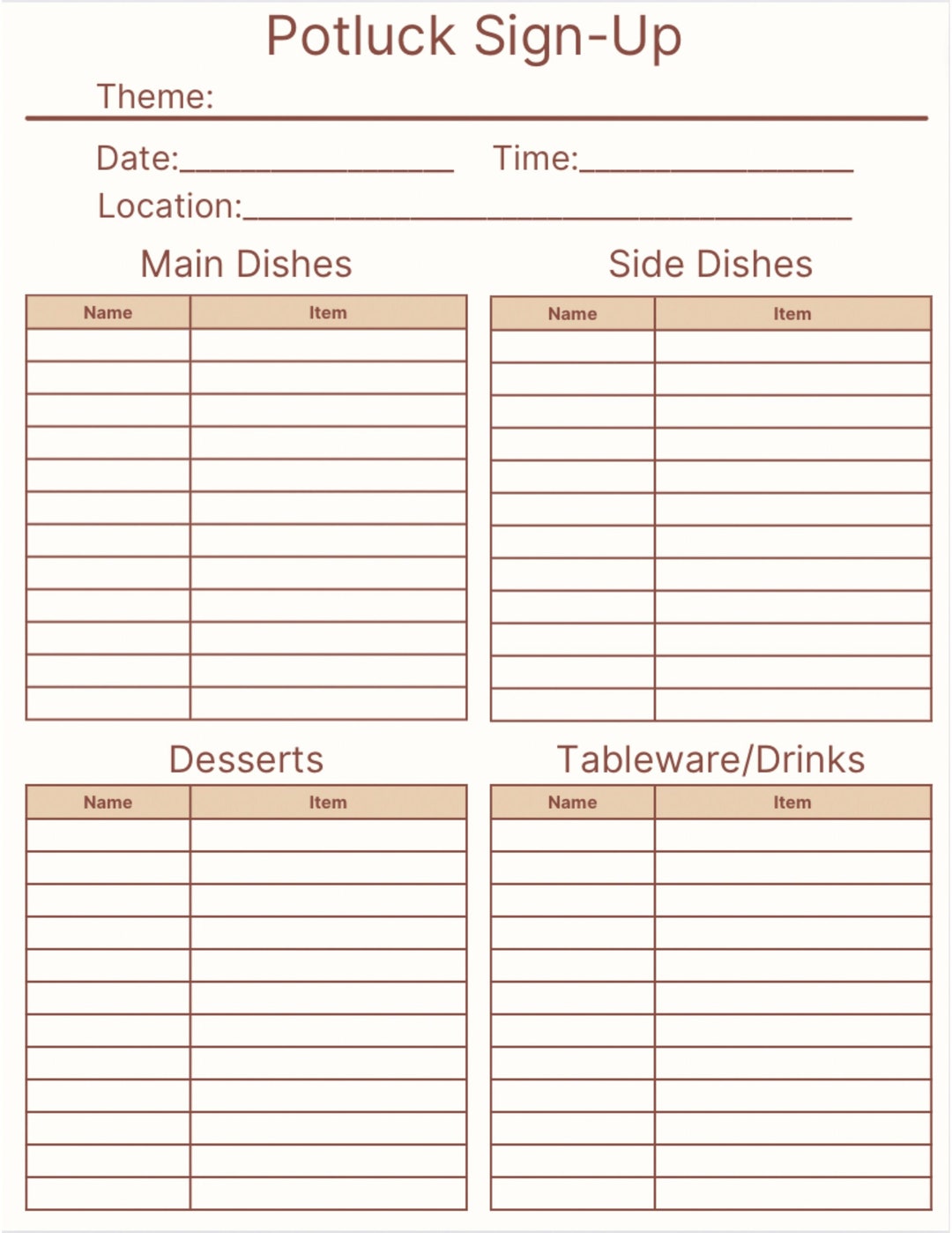Printable Potluck Sign up Sheet Beige Theme - Etsy