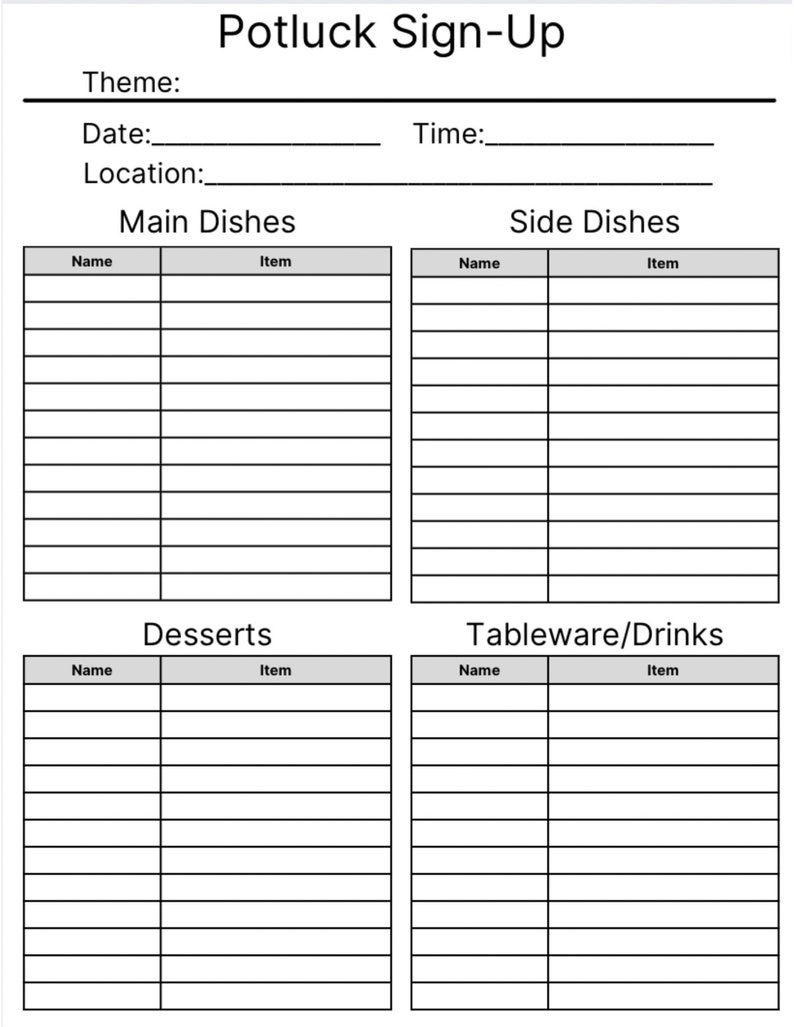 Printable Potluck Sign up Sheet Black Theme - Etsy