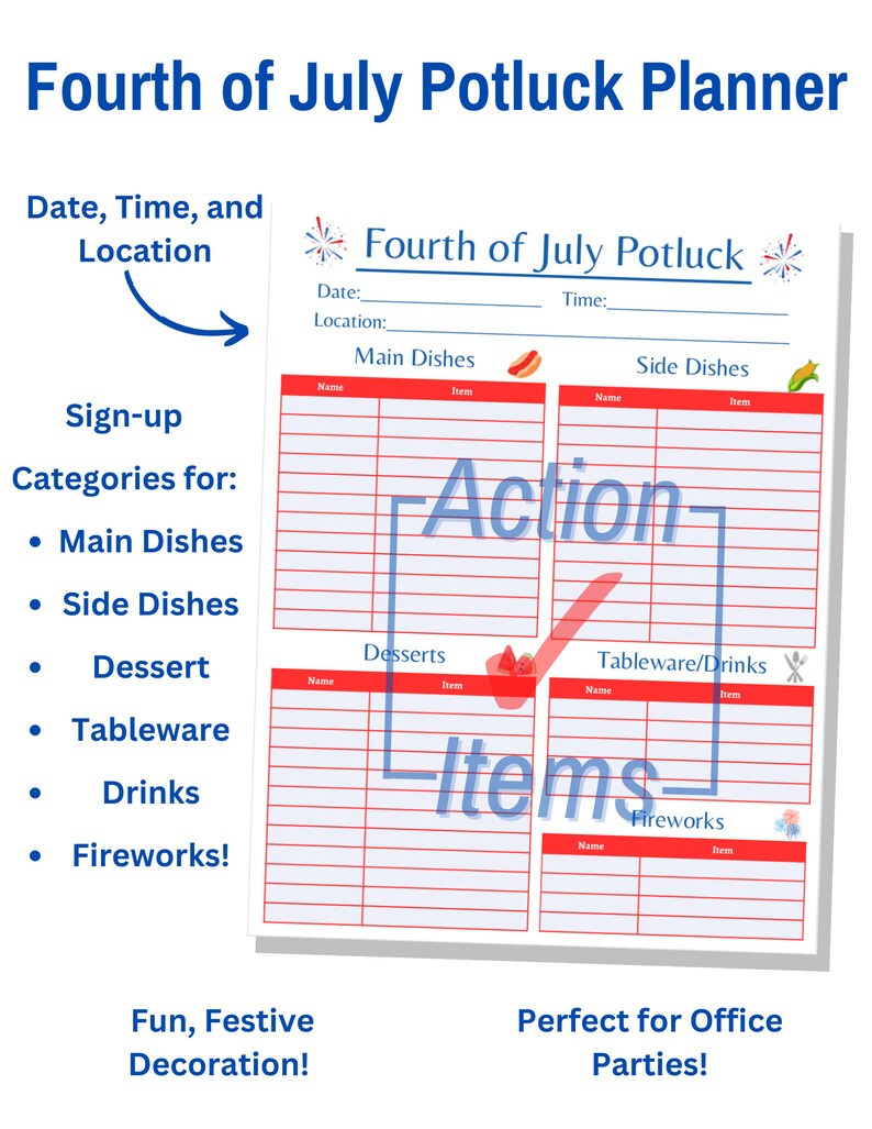 Fourth of July Party Potluck Planner With Fireworks - Etsy