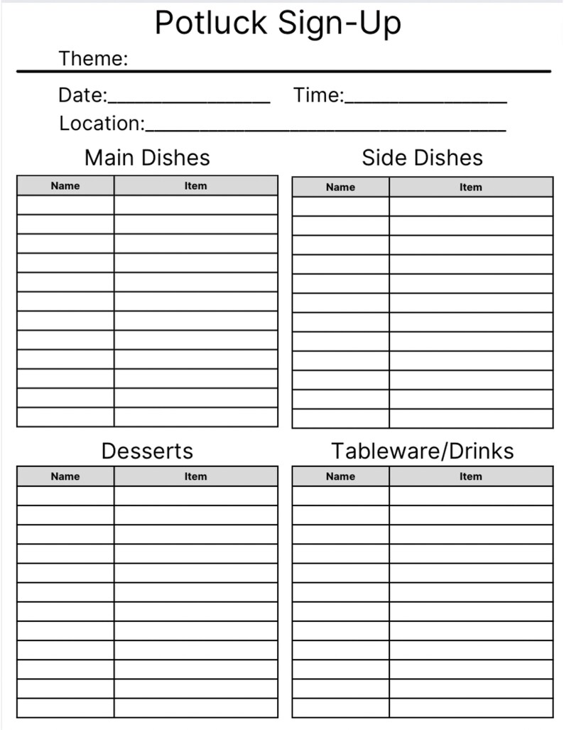 Printable Potluck Sign up Sheet Bundle - Etsy