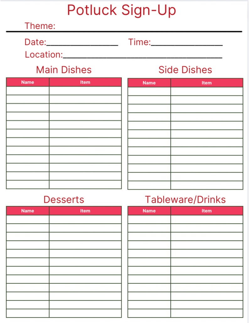 Printable Potluck Sign up Sheet Bundle - Etsy